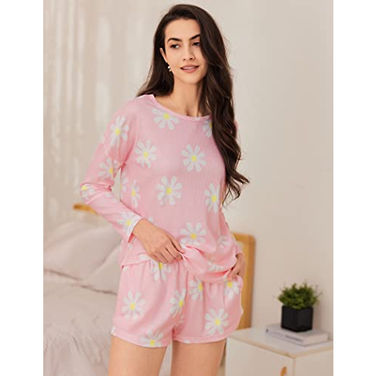 Ekouaer Women 2 Piece Waffle Set Long Sleeve Floral Knit Pullover Top and Knitted Shorts Suit Spring Outfits Pink Daisy Flower