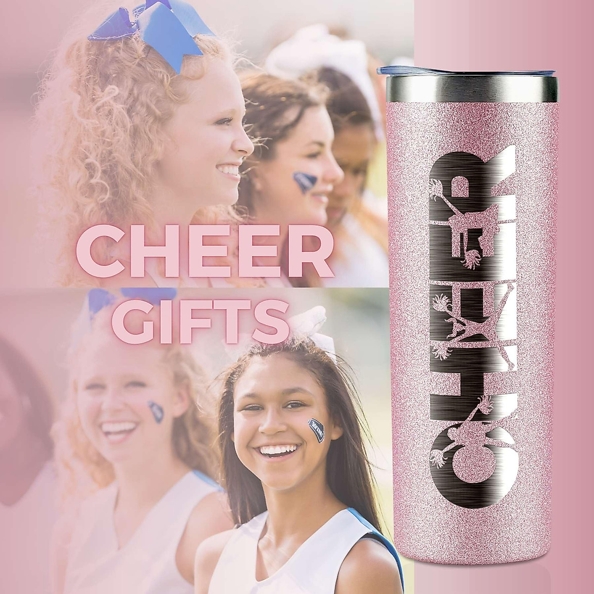 Onebttl Cheerleader Glitter Tumbler Gifts For Girls - Cheer - 20oz/590ml Stainless Steel Insulated Tumbler with Straw, Lid - Gift for Cheerleading, Coach or Cheer Squad - (Rose gold)