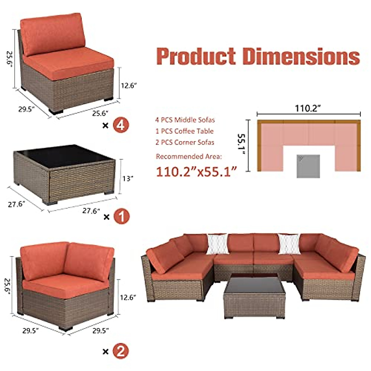 7 Pieces Outdoor Patio Sectional Sofa Set,Brown Wicker Furniture Set, Washable Seat Cushions with Zippers and Tempered Glass Table, Maple Red Cushion