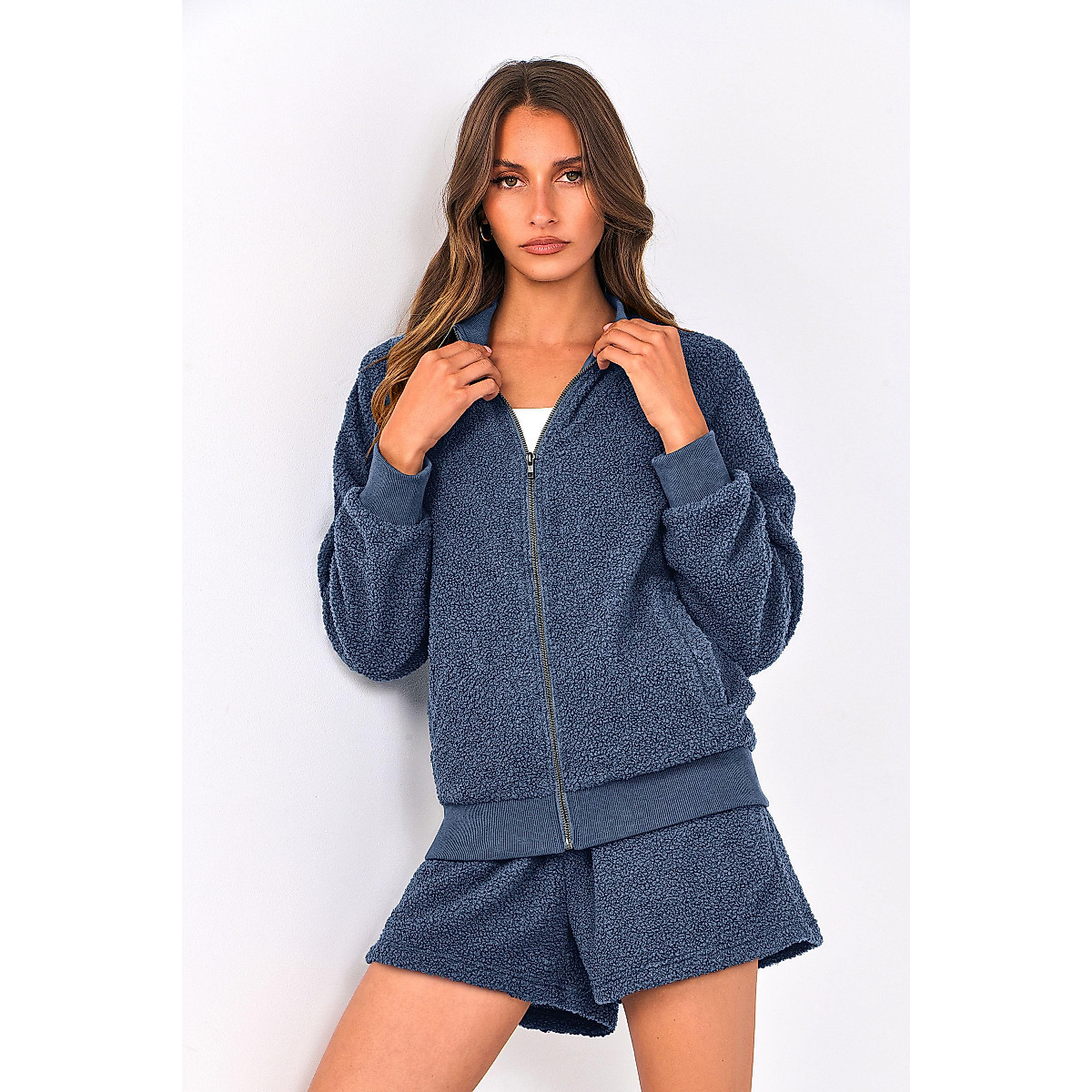 PRETTYGARDEN Women's Fall 2 Piece Outfits Casual Zip Up Teddy Fleece Jacket And Lounge Shorts Jogger Sets (Grey Blue,Large)