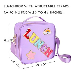 HASOIY Personalized Colorful Letter Patch Insulated Lunch Bag Custom Glitter Varsity Letters Reusable Lunchbox For Kids (purple)