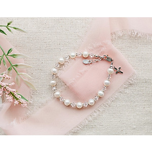 Precious Pieces First Communion Gift for Girls Sterling Silver Cross Bracelet with Cultured Pearl and Crystals for Girls (LG)