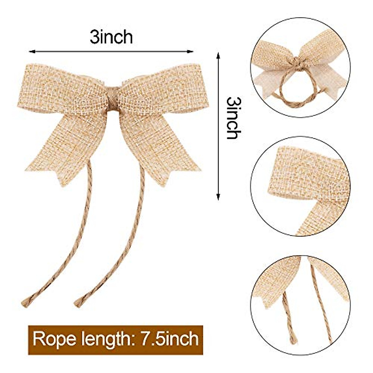 24 Pieces Burlap Bows Decorative Christmas Bows Knot Ornament Bows Small Linen Handmade Wreath Bow for Christmas Tree Decoration Festival Holiday Party Package Supplies, 3 Inch