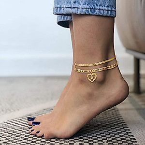 YANODA Initial Ankle Bracelets for Women 14K Gold Plated Layered Figaro Chain Letter Initial Anklets Handmade Layered Heart Ankle Bracelets Personalized Jewelry for Women C