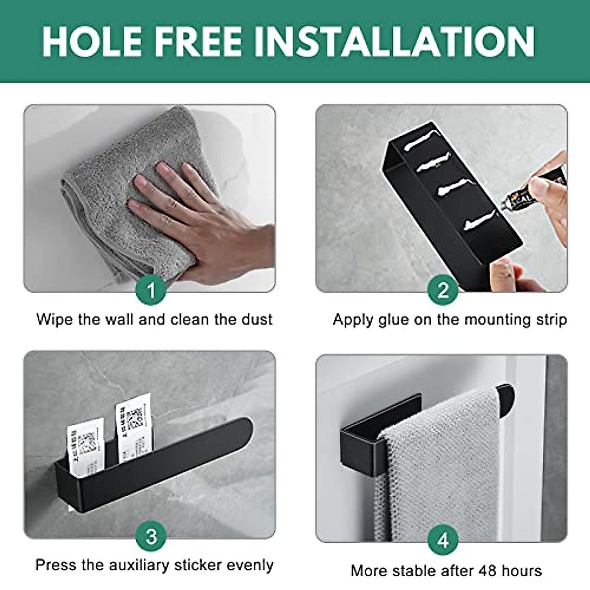 Bicico Hand Towel Holder, Black Towel Bar, Self Adhesive Bathroom Hand Towel Holder Stick on Wall, Kitchen Towel Holder, SUS 304 Stainless Steel