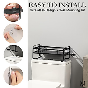 Marmolux Matte Black Single Shelf Over Toilet Storage - Screwless Design Space Saving Bathroom Toilet Organizer for Over The Toilet Shelf - Matte Black with Black Marble Shelf