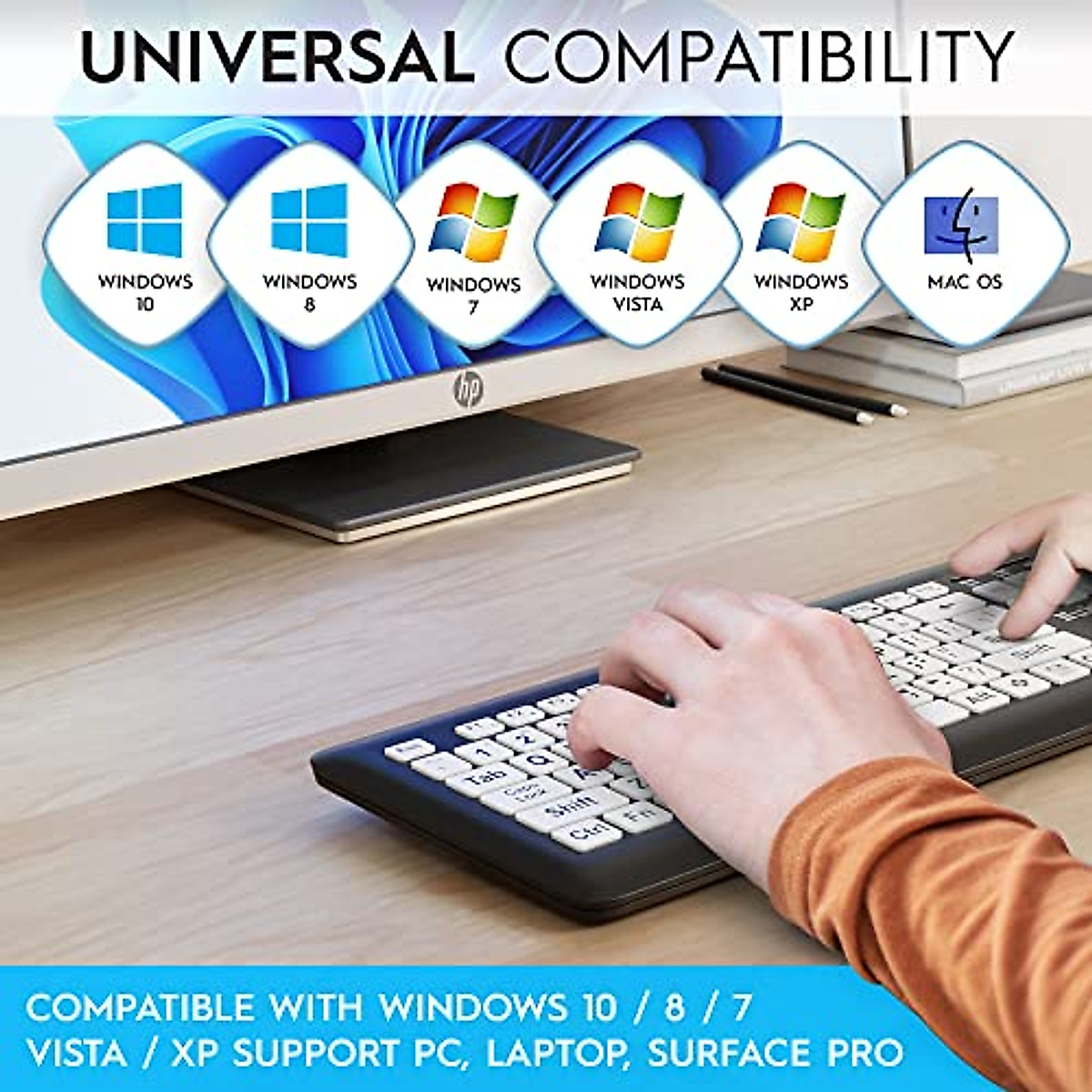 Nuklz N Magnus 325 | Wireless Large Print Full Size Computer Keyboard | High Contrast Black & White Keys | Soft Buttons | Ideal for Visually Impaired, Beginners and Seniors | Plug & Play