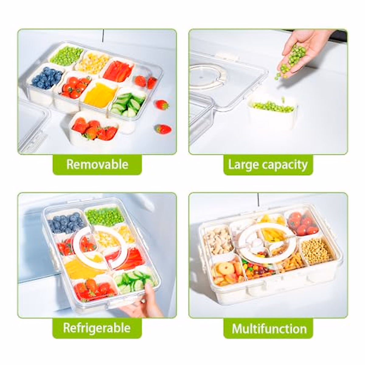 2 Pack Veggie Tray with Lid and Handle, Divided Fruit Tray, Portable Snackle Box, Fridge Organizer for Snack, Candy, Nuts, Cookies, Fruit, Clear Vegetable Tray for Party, Picnic, Travel, Wedding.