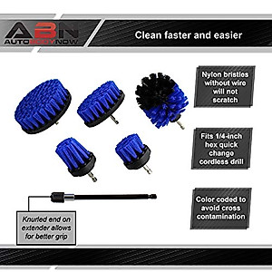 ABN 1/4in Drive Nylon Scrubber Drill Attachment Cleaning Brush 5pc Set with 1pc Extension - Blue Medium Bristle