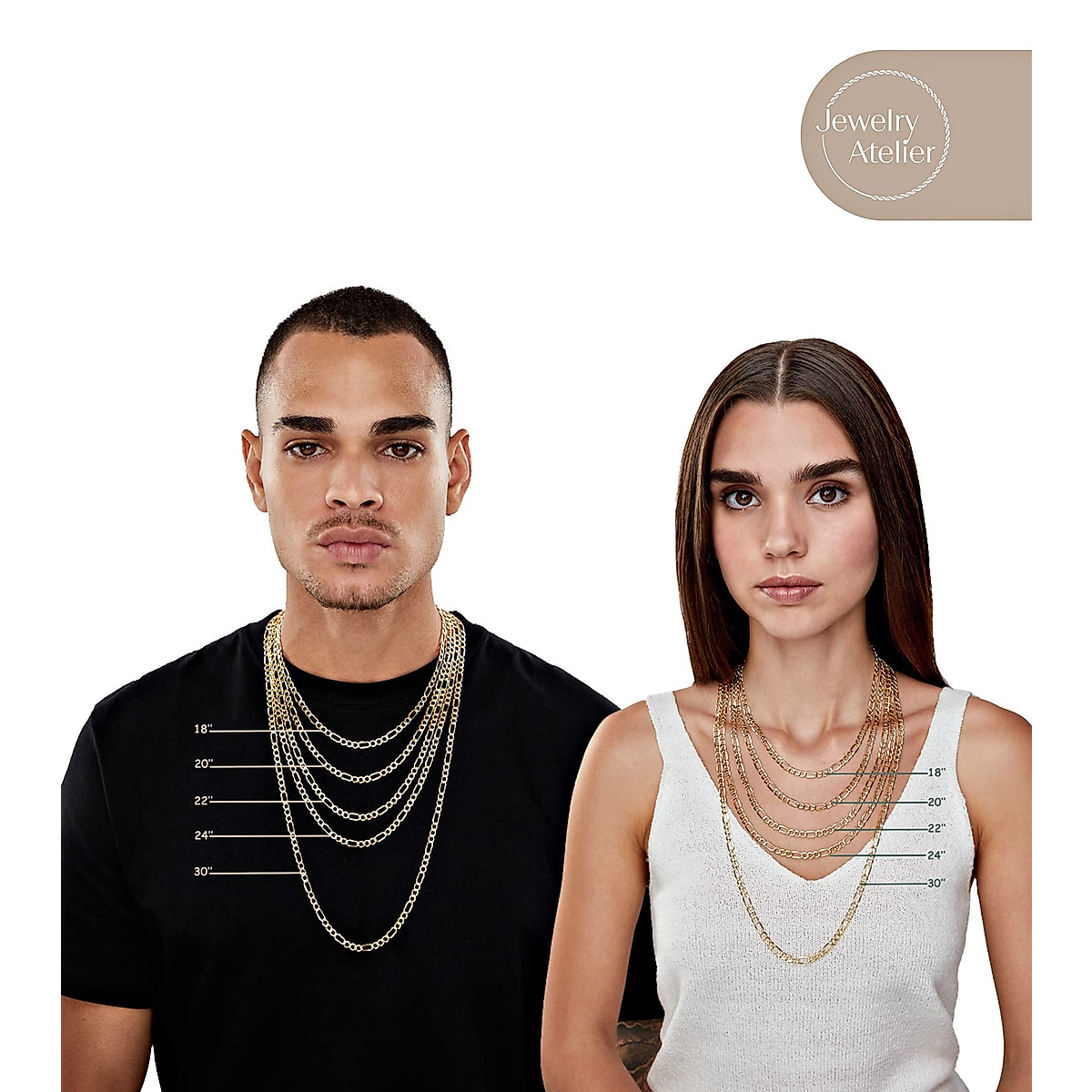 Jewelry Atelier Gold Chain Necklace Collection - 14K Solid Yellow Gold Filled Figaro Chain Necklaces for Women and Men with Different Sizes (2.8mm, 3.7mm, 4.7mm, 5.6mm)