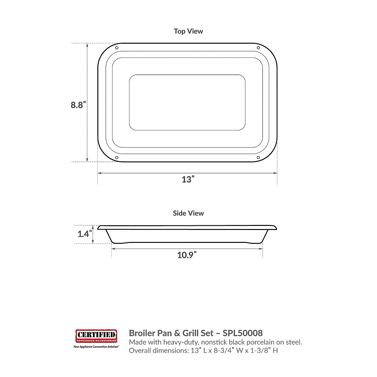 Certified Appliance Accessories Heavy-Duty Porcelain 8.5-In. x 12.75-In. Broiler Pan & Grill Set Black (50008)
