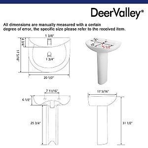 DeerValley DV-1P523 Compact White Ceramic Pedestal Sink, 20" X 17" Inch Pedestal Bathroom Sink With Overflow and Pre-Drilled Single Hole