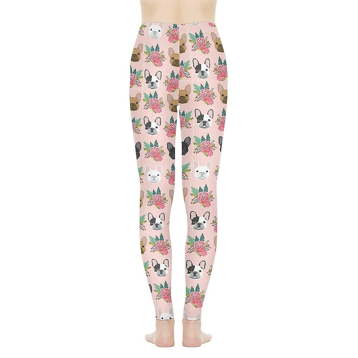 NDISTIN Pink Yoga Pants for Women Girls Floral French Bulldog Printed Cute High Waisted Leggings for Running Jogging Sports Athletic Workout Stretch Pants Full Length
