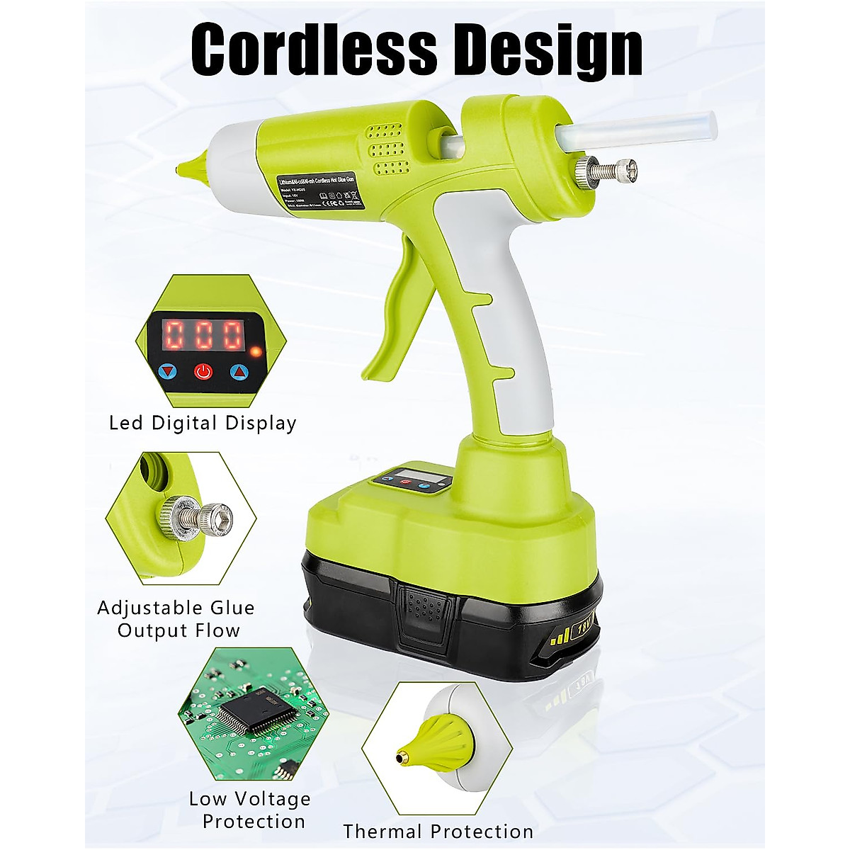 Taingwei Cordless Hot Glue Gun Kit for Ryobi 18v Battery,100W LED Digital Hot Melt Glue Gun with 10pcs 0.43'' Hot Glue Sticks for Home Repair, Arts & Crafts (Battery not included)