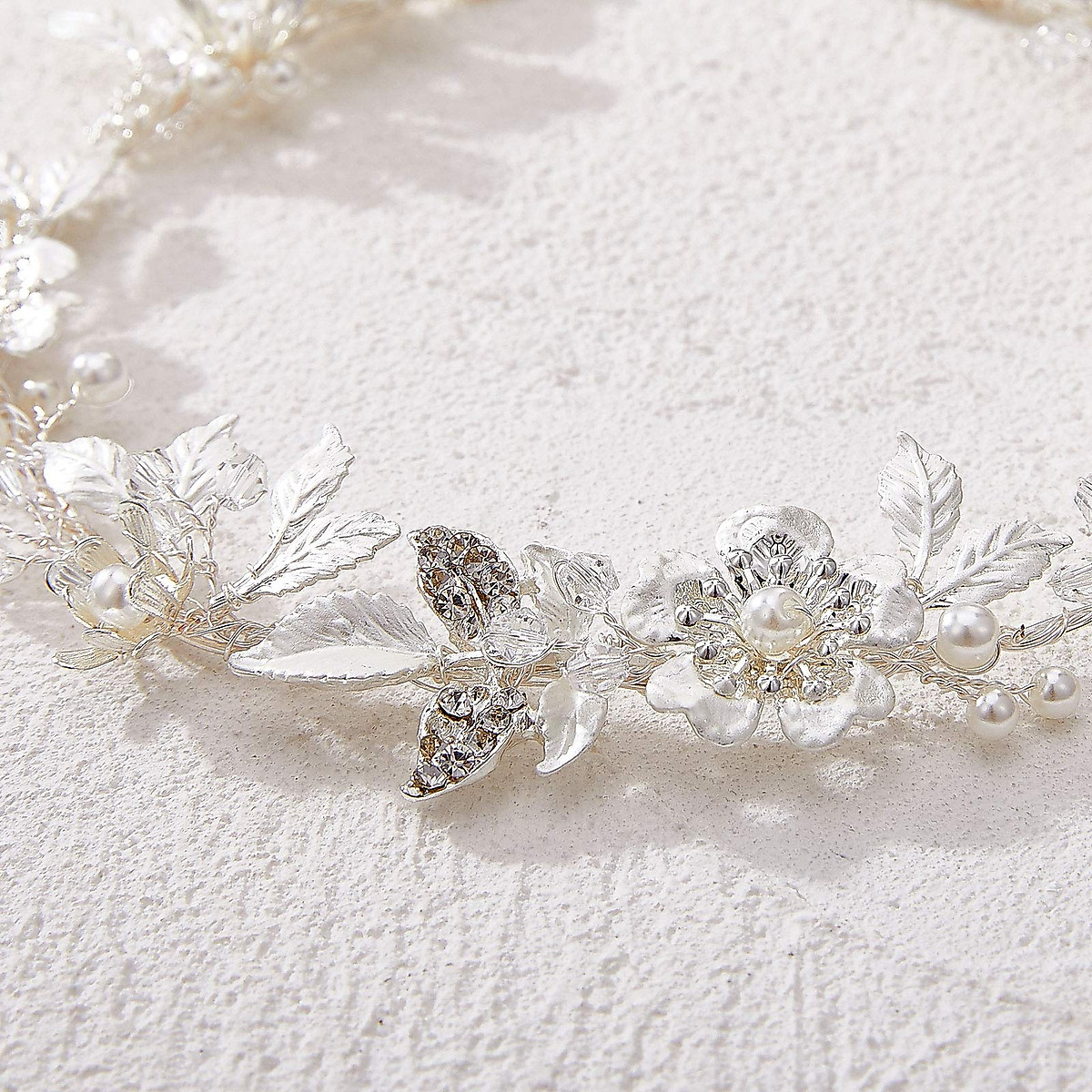 SWEETV Sliver Flower-Leaf Bridal Headpieces for Wedding Headband Bride Hair Pieces Crystal Flower Girl Hair Accessories