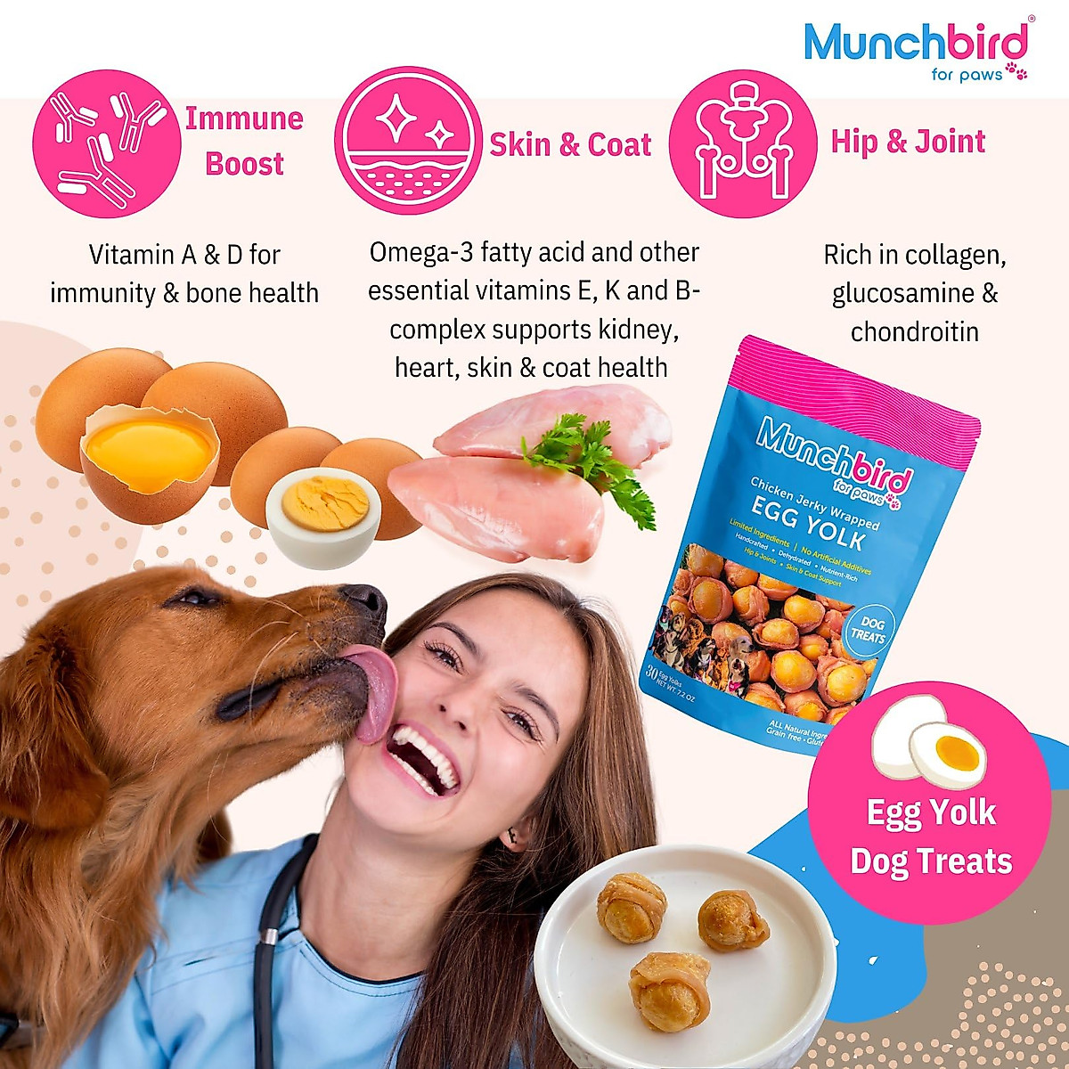 Munchbird Dehydrated Chicken Jerky Wrapped Egg Yolk Dog Treats, 100% Egg Yolk, Food Topper for Dogs, No Filler, Alternative to Freezed Dried Quail Egg Yolk, 7 OZ (Pack of 20 to 30 Egg yolks)