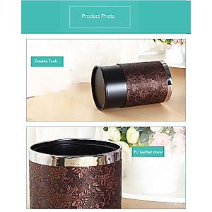 Trash Can Luxury Double Layer Leather with Stainless Steel Ring Metal Waste bin 10L Garbage Container Dustbin case for Hotel Office (Vintage)