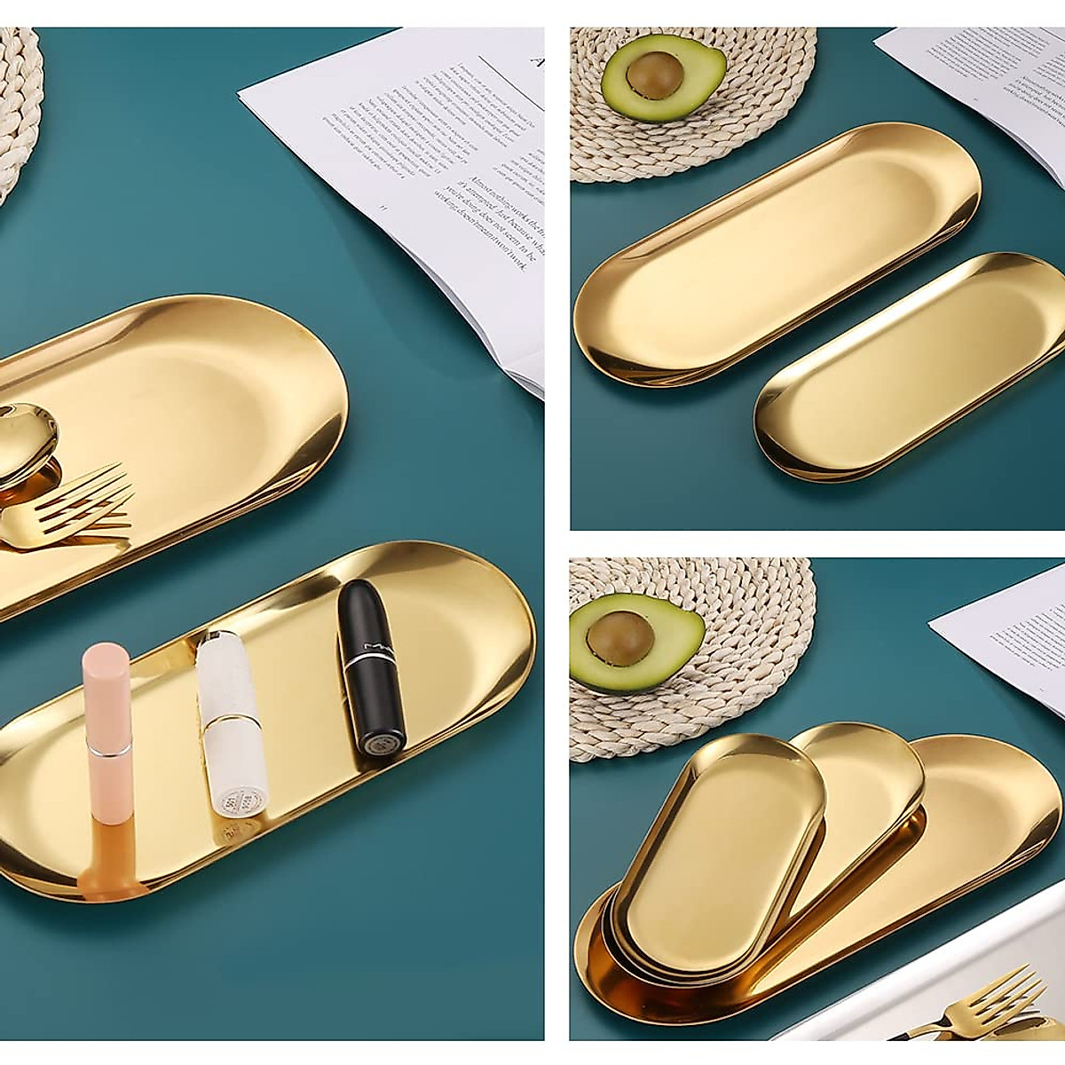 JKanruh 3 Pack 9 Inch Oval Gold Stainless Steel Towel Tray,Storage Tray,Tea Tray Fruit Trays,Decorative Tray,Jewelry Dish Cosmetics Organizer