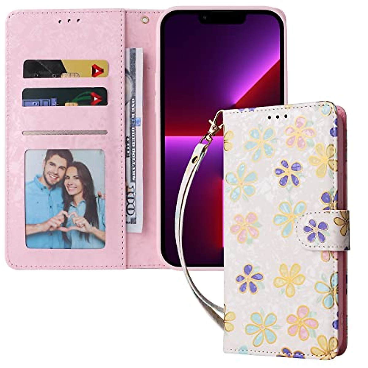 JGG iPhone 13 Pro Max Case Wallet 3D Flowers Blossoming Bronzing Shell Texture with RFID Blocking Magnetic Clasp Card Slot Holder Protective Shockproof Cover for iPhone 13 Pro Max Wallet Case