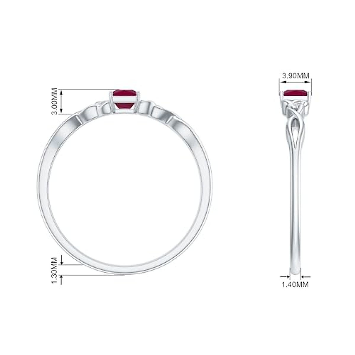 Rosec Jewels Princess Cut Ruby Solitaire Promise Ring for Women - Celtic Knot Ring | Natural and Certified Ruby | AAA Quality, 14K White Gold, Size:US 7.50