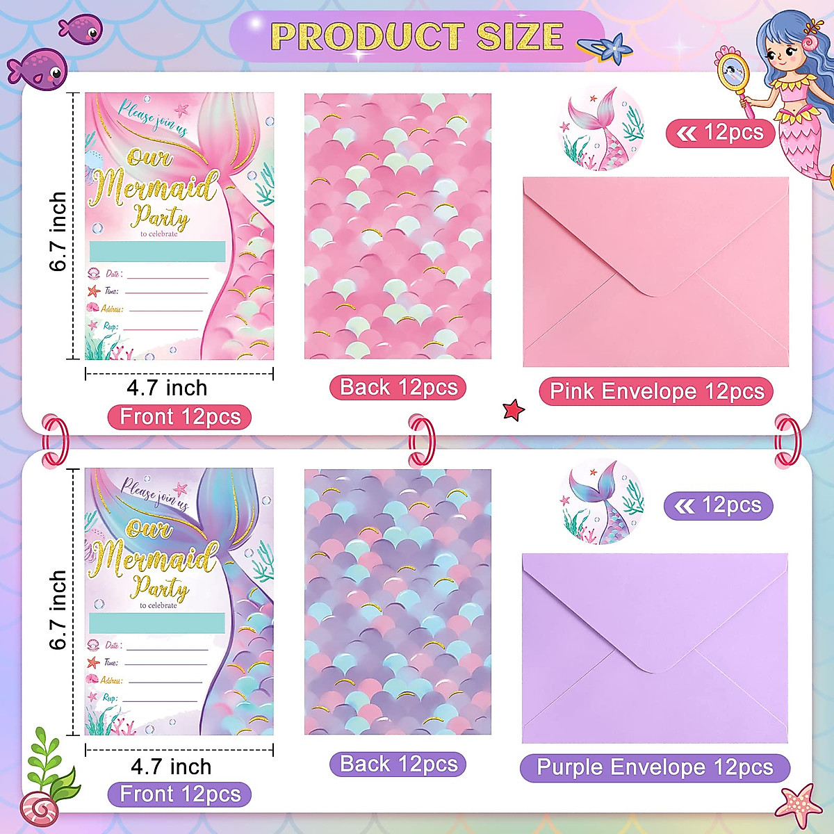 PerKoop Mermaid Themed Birthday Party Invitations - Set of 24 Cards, Envelopes and Stickers