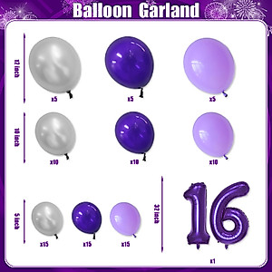 cocomigo 140pcs Sweet 16 Birthday Decorations for Girls, Purple Sweet 16 Party Decorations include Banner Light Balloons Tiara Sash Caketopper Guest Book Money Pull Box tablecloth Foil Fringe Curtain