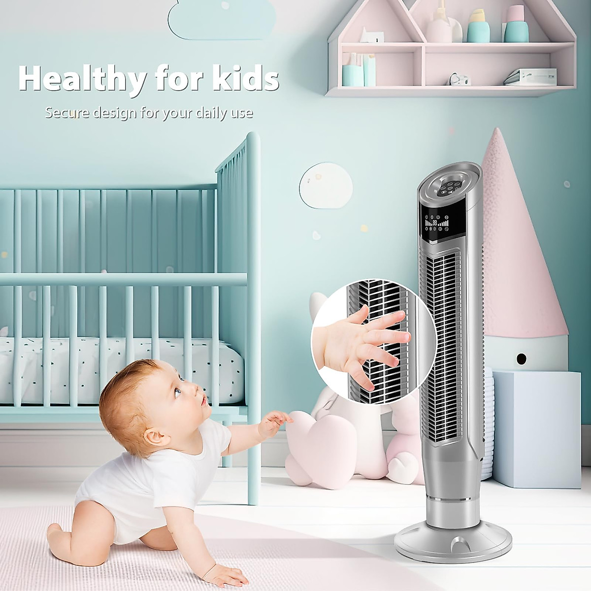 Antarctic Star Tower Fan 360°Oscillating Fan Quiet Cooling 24H Timer Remote Control Powerful Standing 8 Wind Speed 3 Wind Modes Ionizer Mode Bladeless Portable LED Display,Bedroom 40-Inch SILVER