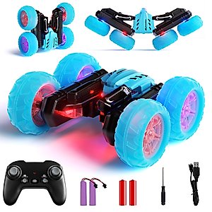 Remote Control Car Toys for Ages 8-12, 2.4Ghz RC Car with Headlights Wheel Lights, Off Road 4WD Rechargeable RC Stunt Car, RC Cars Toys Birthday for Kids Boys Girls (Blue)