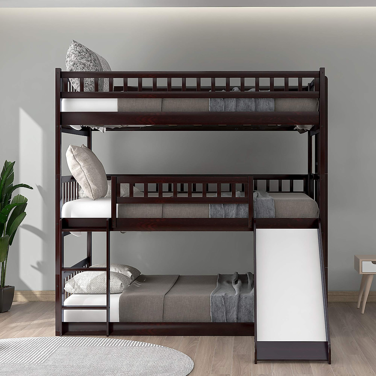 Triple Bunk Bed with Slide, Full Over Full Over Full Bunk Bed Convertible Triple Beds for Kids/Teens/Adults, Espresso