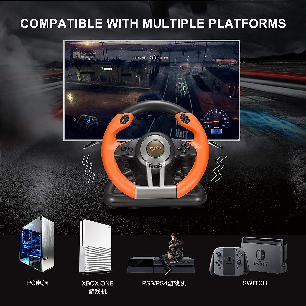 PXN Xbox Steering Wheel V3II 180° PC Gaming Racing Wheel Driving Wheel, with Linear Pedals and Racing Paddles for PC, PS4, Xbox One, Xbox Series X|S, Nintendo Switch - Orange