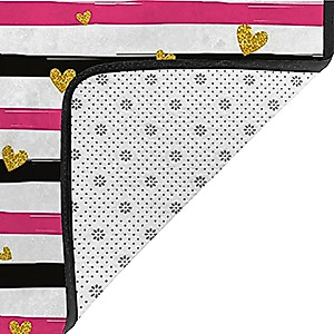Gold and White Pattern Area Rug, Romantic Teenager Love Sign Hearts on Grunge Stripes Lines Decorative Contemporary Home Decor Hot Pink Black and White 59 x 71 Inch