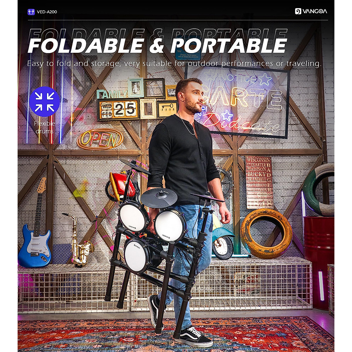 Vangoa Electric Drum Set 8-Pieces with Quiet Mesh Drumheads, Cymbals, Heavy Duty Pedals, 480 Sounds, USB MIDI, Throne, Headphone, Complete Electronic Drum Set for Beginners Adults, Black