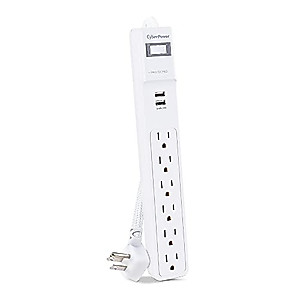 CyberPower P606URC2 Surge Protector, 500J/125V, 15A, 6 Outlets, 2 USB Charging Ports, 6 Foot Cord, White