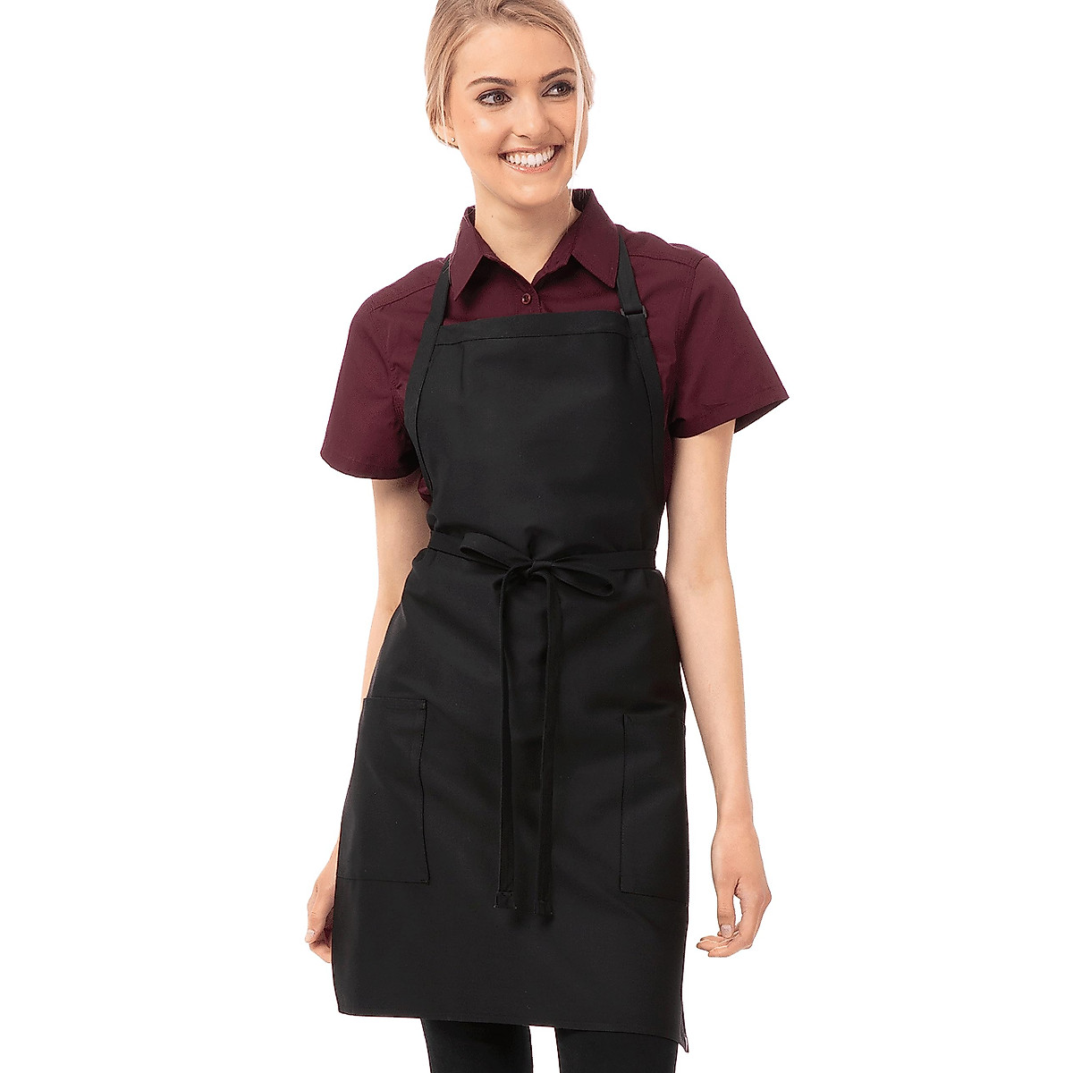 Chef Works Unisex Two Patch Pocket Bib Apron, Black, One Size