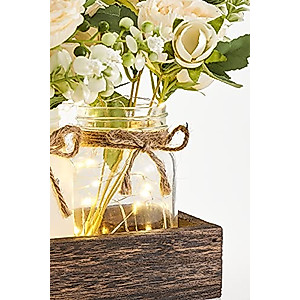 Mkono Mason Jar Lights Centerpiece Table Decorations for Dining Room Farmhouse Coffee Table Decor Wood Tray with 3 Jars Flowers Fall Table Centerpieces Decor for Kitchen Living Dining Room, White