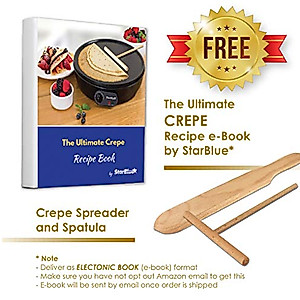 12" Electric Crepe Maker by StarBlue with FREE Recipes e-book and Wooden Spatula - Perfect for Crepes, Roti, Tortillas, Blintzes, Pancakes, Waffles, Eggs, Bacon AC 120V 50/60Hz 1000W