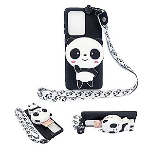 Girlyard for Samsung Galaxy S21 Ultra 6.8 Inch Silicone Case with 3D Cartoon Zipper Wallet Purse Stand Holder Back Cover and Long Detachable Lanyard Strap Phone Case for Kids Girls, Black Panda