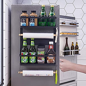 Magnetic Fridge Organizer with 2 Paper Towel Holder, Large Foldable Strong Magnetic Spice Rack with 5 Removable Hooks，Magentic Shelf Hold up to 30LBS (Black)