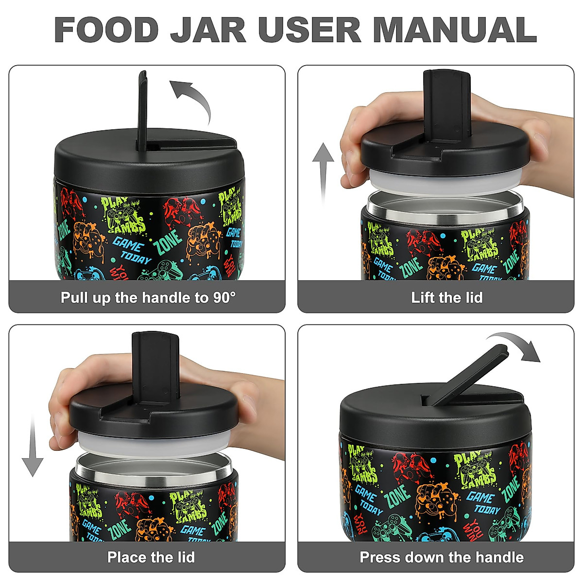 LOHASOK 12oz Kids Soup Thermo for Hot Food Insulated Vacuum Food Jar with Buckle Lid, Stainless Steel Wide Mouth Leak Proof Lunch Container for School Travel 1 Pack, FOOD JAR-HGAME-10 OZ