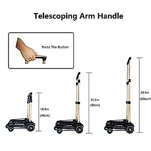 Folding Utility Shopping Cart Rolling Crate Portable Hand Truck Lightweight Trolley with Removable Waterproof Bag 70Kg/155Lbs Adjustable Handle 4 Wheels for Grocery Moving Luggage Laundry(Black+Bag)