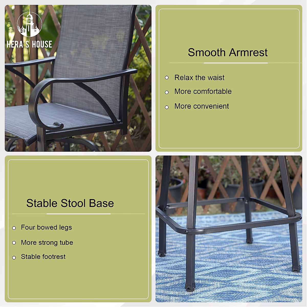 HERA'S HOUSE Patio Bar Stools Set of 2, Outdoor Swivel Bar Height Patio Chairs with Solid Back & Armrest, All Weather Textilen Fabric High Top Chair for Lawn Garden, Grey