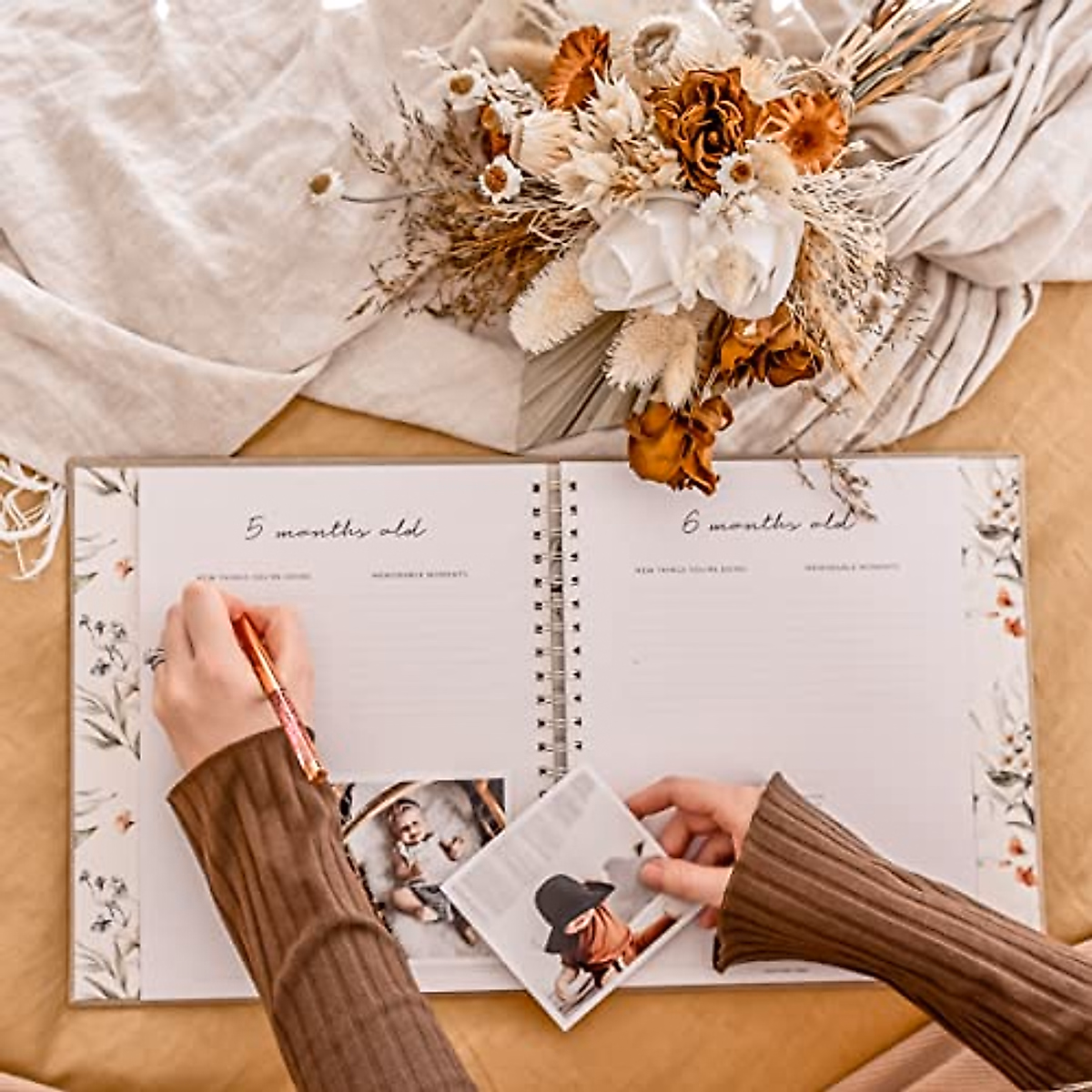 Peachly Baby Memory Book | Minimalist First Year Keepsake for Milestone | Simple Baby Scrapbook Books for Girl | 60 Pages Beige Linen - Fleur