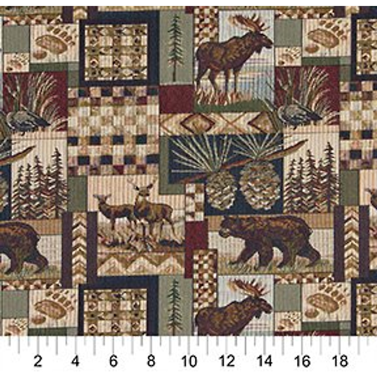A014 Bears Deer Moose Acorns and Pine Trees Themed Tapestry Upholstery Fabric by The Yard