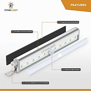 VYANLIGHT Motion Sensor LED Lights, 10 LED Battery Operated Motion Light, Stick-On Anywhere Magnetic Night Light Bar for Under Cabinet, Closet, Hallway, Stairway, Wardrobe, Kitchen, Vanity, 3 Pack