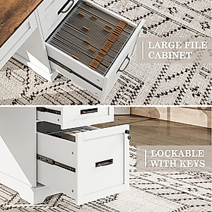 Alohappy 55'' Farmhouse Executive Desk, Home Office Desk with Drawers, Wood Computert Desk with File Cabinet and Power Outlets, White