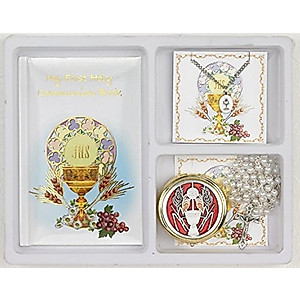 My First Holy Communion Girls Gift Set with Prayer Book, PYX with Rosary, and Chalice Pendant