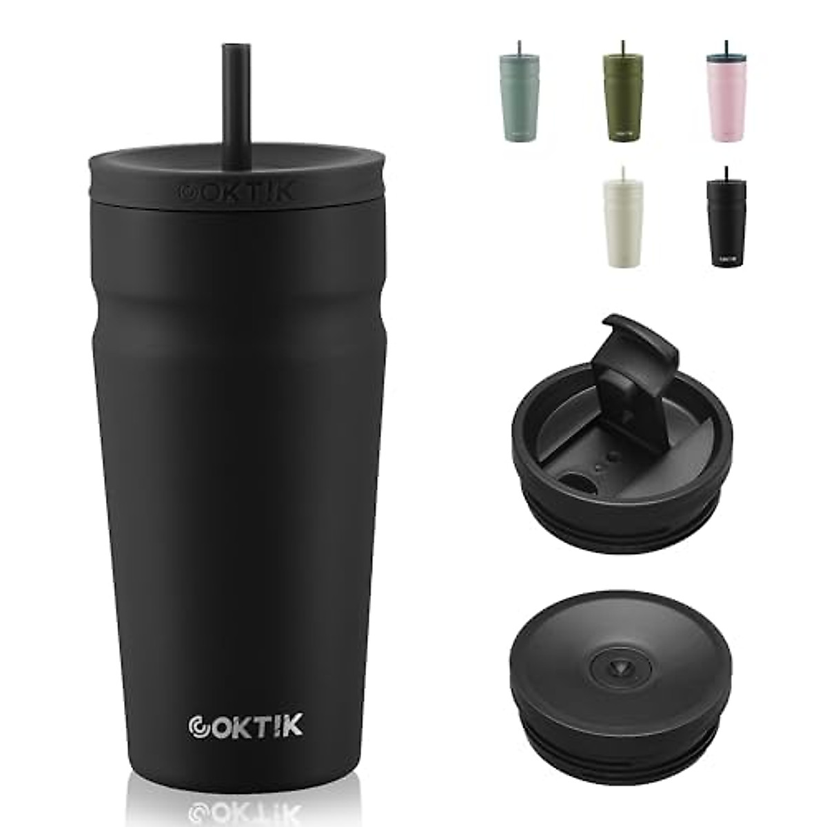 COKTIK 20oz Insulated Tumbler with Lid and Straw 2 Lids (Straw/Flip) Iced Coffee Cup Reusable Stainless Steel Travel Mug Water Bottle Cupholder Friendly for Women Men Her Him (Black)
