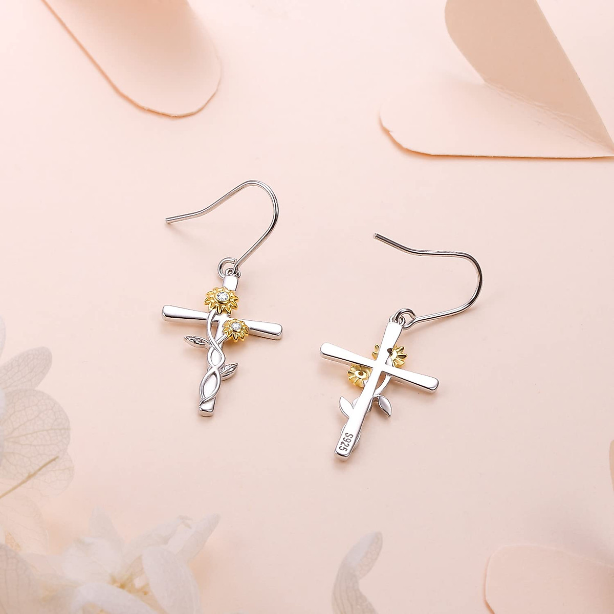 Cross Earrings 925 Sterling Silver Sunflower Dangle Earrings Sunshine Cross Dangle Drop Religious Jewelry Christian Baptism Gift for Women