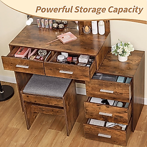 usikey 43.5in Large Vanity Desk with Mirror and 10 LED Lights, Makeup Vanity Table with Lights and 5 Drawers, Vanity Table Vanity Set with Storage Shelves and Stool for Women Girls, Rustic Brown