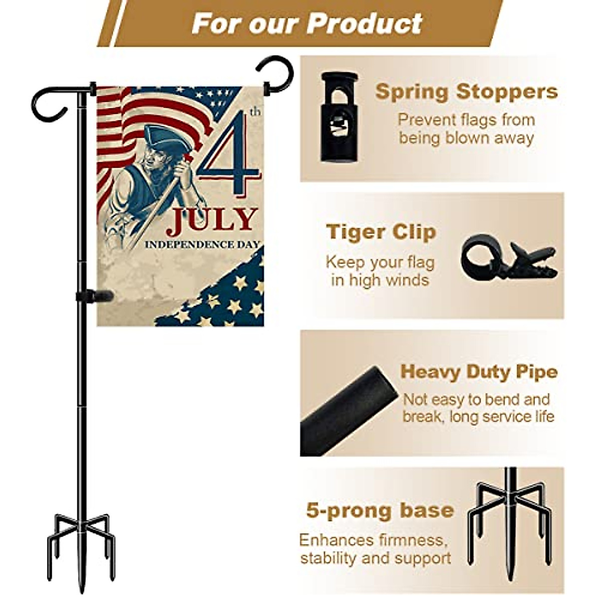 Whoonba 51 Inch Tall Garden Flag Stand Holder with 5 Prong Base, Yard Flag Pole Holder for 12x18 Outdoor Small Flag Decor with Two Spring Stoppers and a Tiger Clip, 1 Pack
